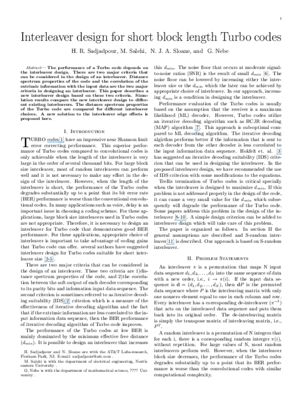 Pdf Interleaver Design For Turbo Codes