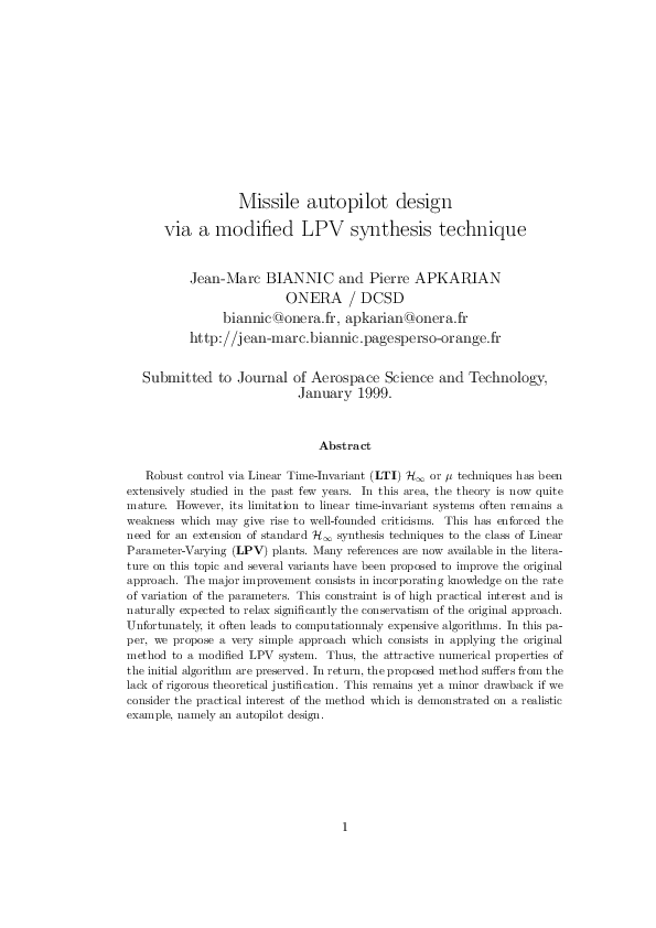 Pdf Missile Autopilot Design Via A Modified Lpv Synthesis Technique