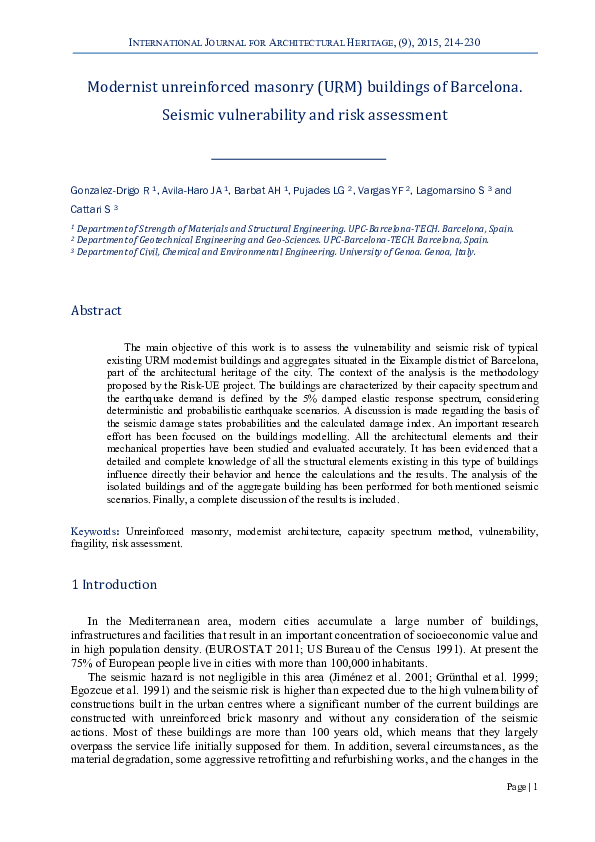 Modernist unreinforced masonry (URM) buildings of Barcelona. Seismic vulnerability and risk ...