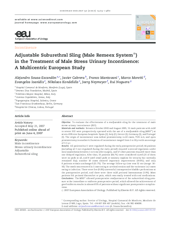 (PDF) Adjustable Suburethral Sling (Male Remeex System®) in the ...