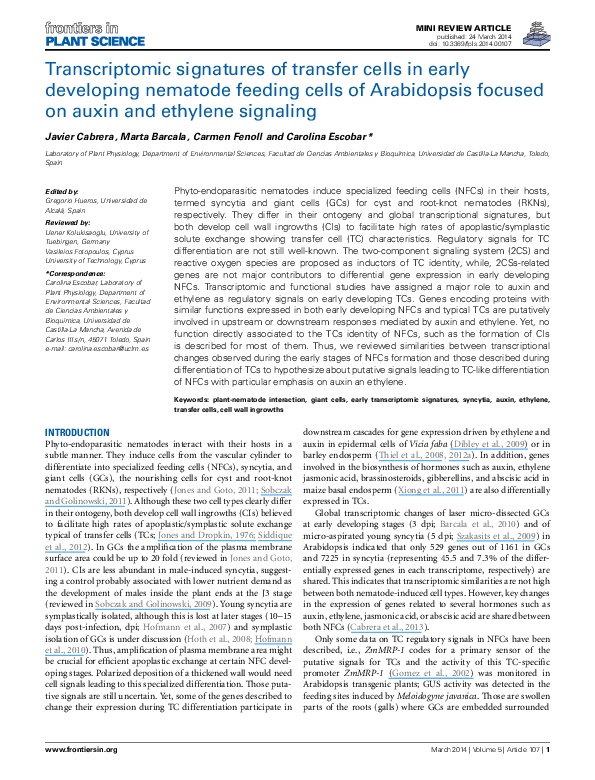 (PDF) Transcriptomic signatures of transfer cells in early developing nematode feeding cells of ...