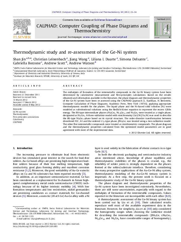 (PDF) Thermodynamic Assessment of the Ge-Ni System
