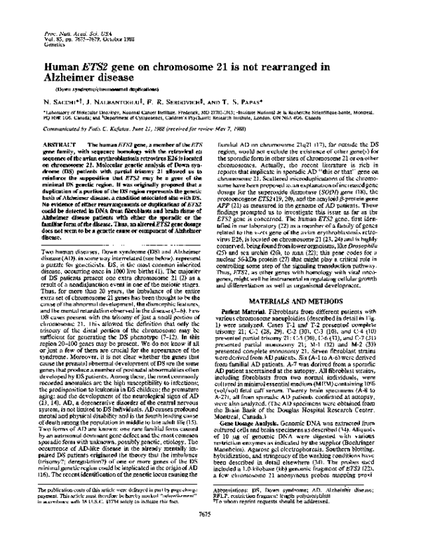 (PDF) Human ETS2 Gene on Chromosome 21 is not Rearranged in Alzheimer ...