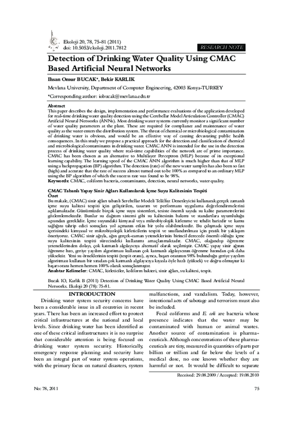 Pdf Detection Of Drinking Water Quality Using Cmac Based Artificial Neural Networks