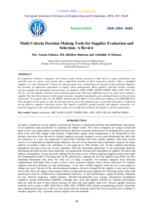Pdf Multi Criteria Decision Making Tools For Supplier Evaluation And Selection A Review