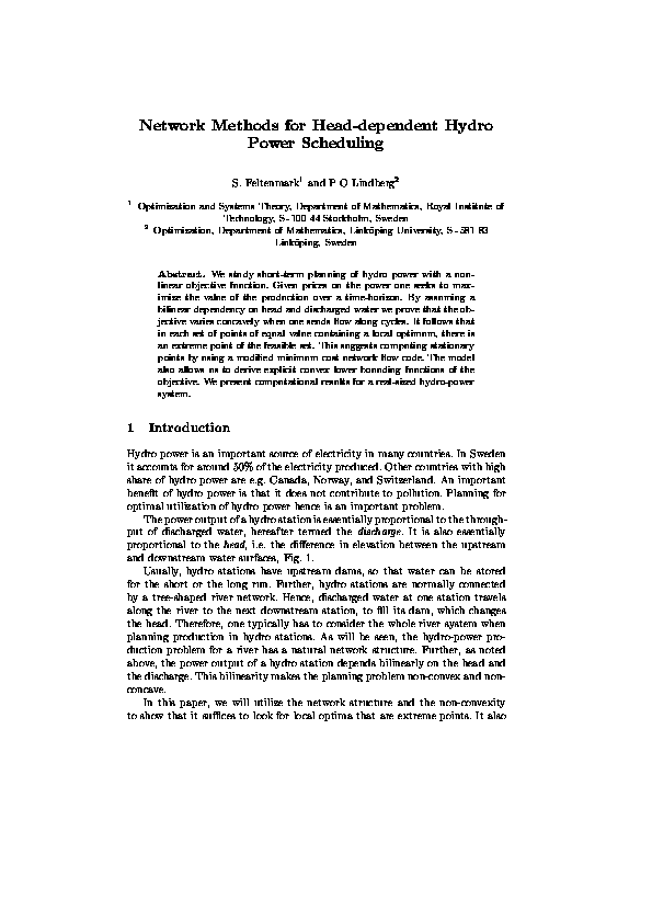 Pdf Network Methods For Head Dependent Hydro Power Scheduling Per Olov Lindberg