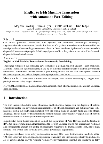 (PDF) English to Irish Machine Translation with Automatic Post-Editing