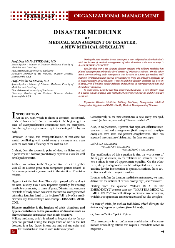 (PDF) Disaster Medicine or Medical Management of Disaster a new medical ...