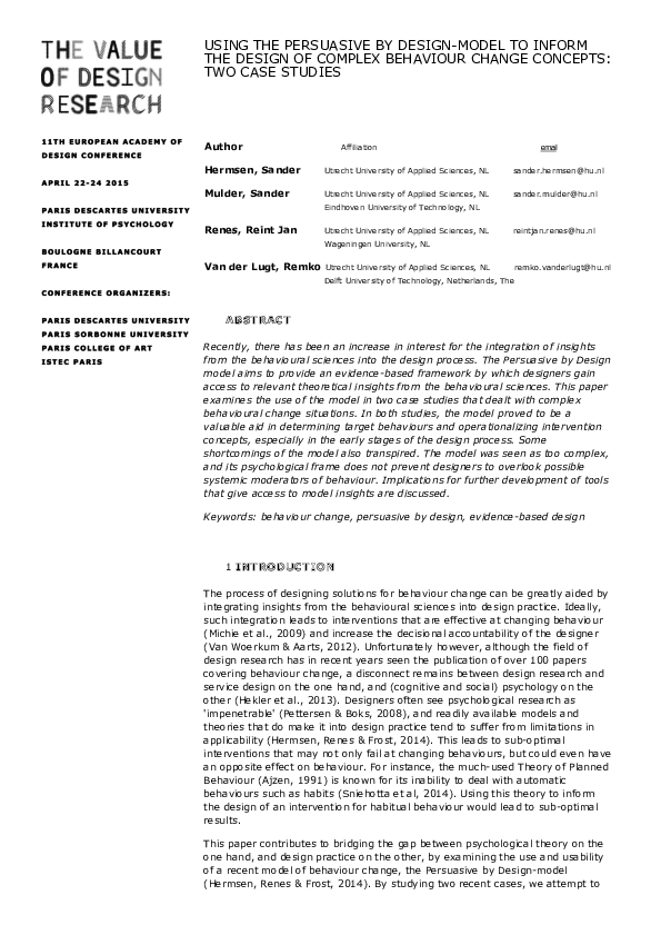 (PDF) Using the Persuasive by Design-Model to Inform the Design of Complex Behaviour Change ...