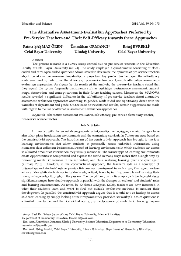 (PDF) The Alternative Assessment-Evaluation Approaches Preferred by Pre-Service Teachers and ...