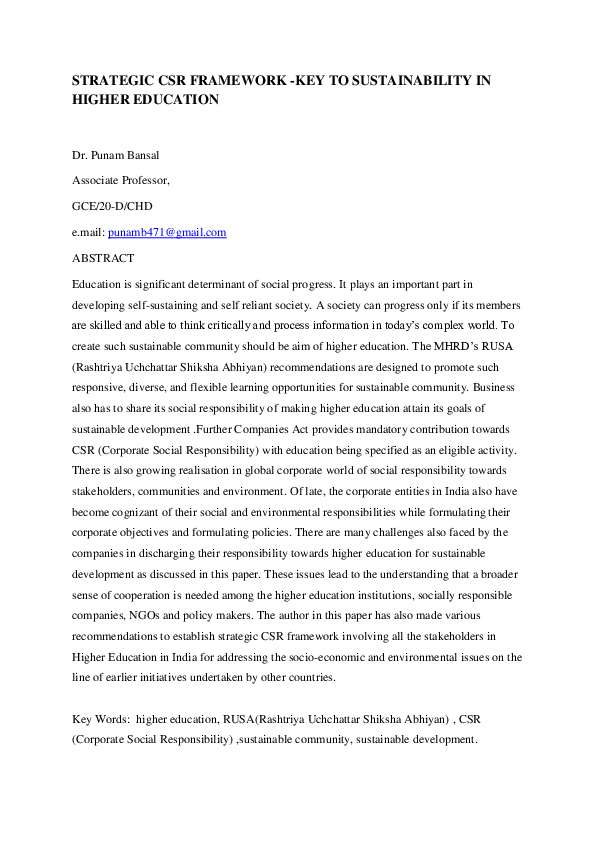 (PDF) STRATEGIC CSR FRAMEWORK -KEY TO SUSTAINABILITY IN HIGHER EDUCATION