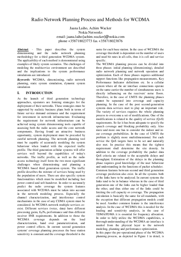 (PDF) Radio Network Planning Process and Methods for WCDMA