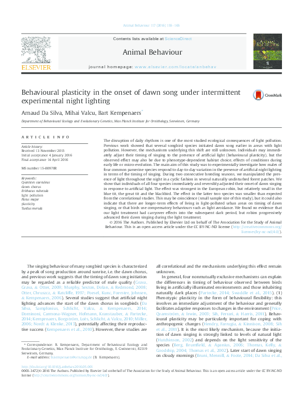 (PDF) Behavioural plasticity in the onset of dawn song under ...