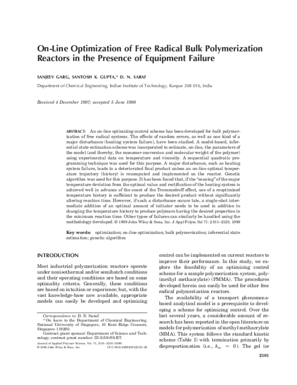 (PDF) On-line optimization of free radical bulk polymerization reactors in the presence of ...