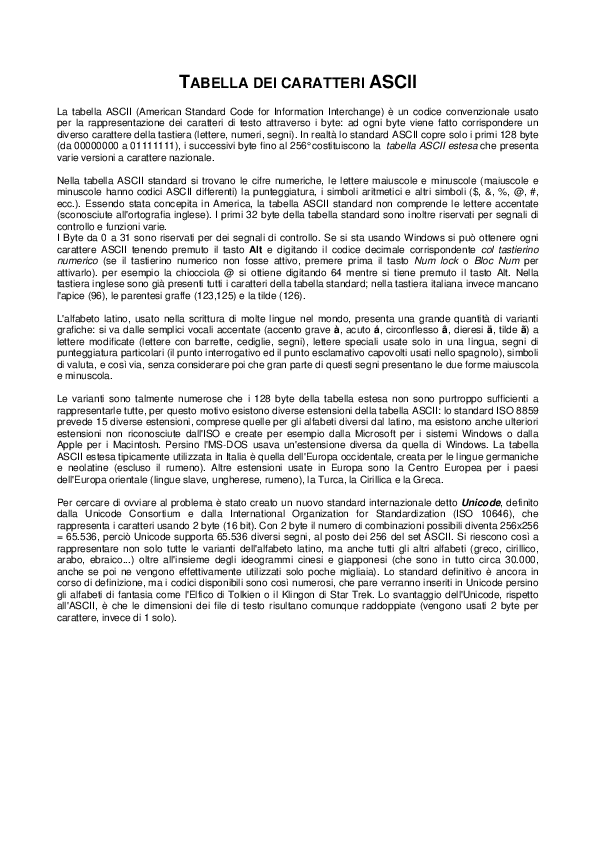 (PDF) TABELLA DEI CARATTERI ASCII