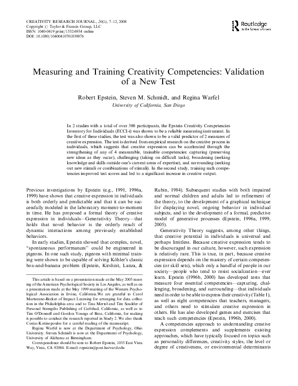 (PDF) Measuring and Training Creativity Competencies: Validation of a ...