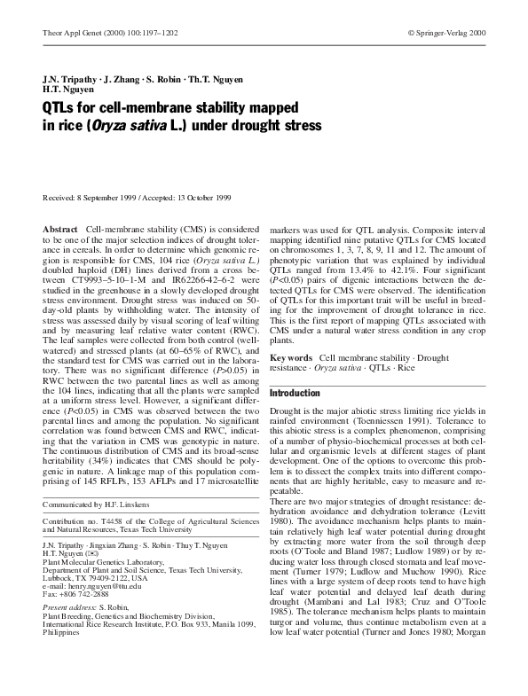 (PDF) QTLs for Cell-Membrane Stability Mapped In Rice (Oryza Sativa L ...