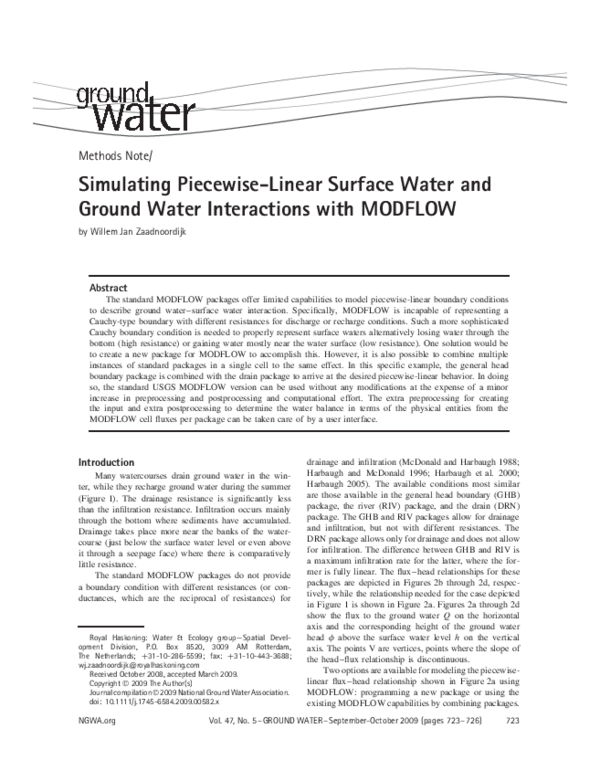 (PDF) Simulating Piecewise-Linear Surface Water and Ground Water Interactions with MODFLOW