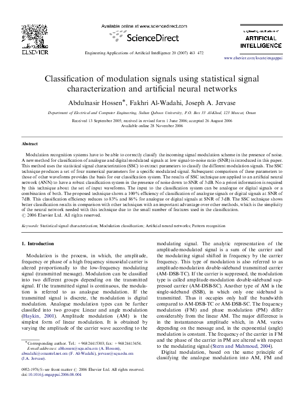 (PDF) Classification of modulation signals using statistical signal characterization and ...