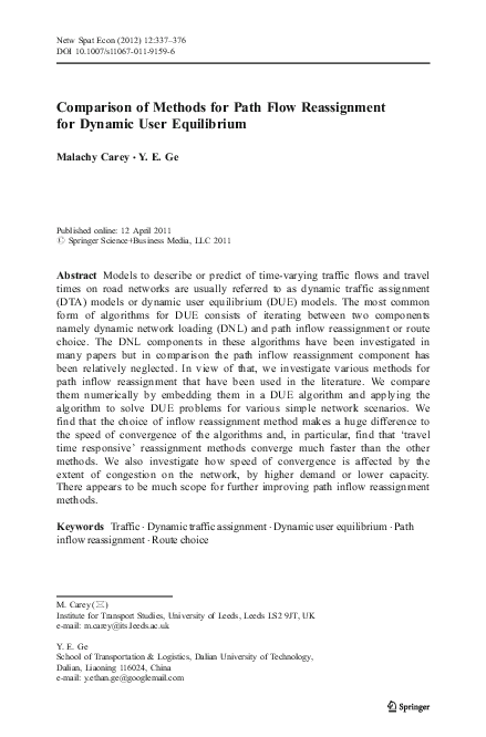 Pdf Comparison Of Methods For Path Flow Reassignment For Dynamic User