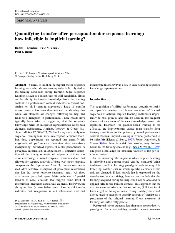 Pdf Quantifying Transfer After Perceptual Motor Sequence Learning