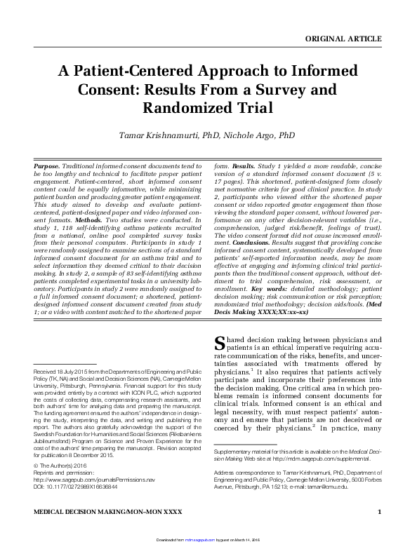 (PDF) A patient-centered approach to informed consent: Results from a ...