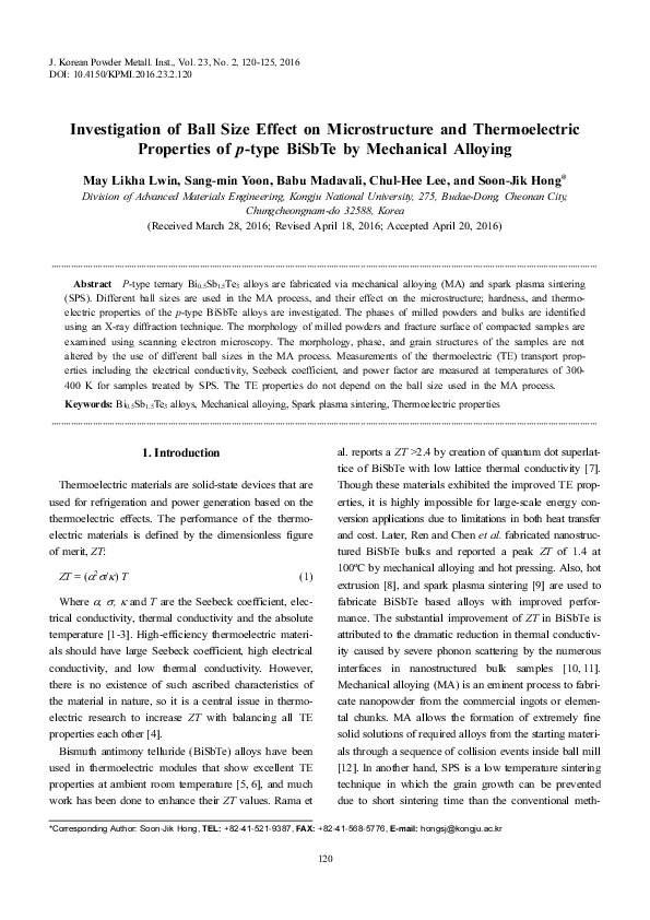 Pdf Investigation Of Ball Size Effect On Microstructure And Thermoelectric Properties Of P
