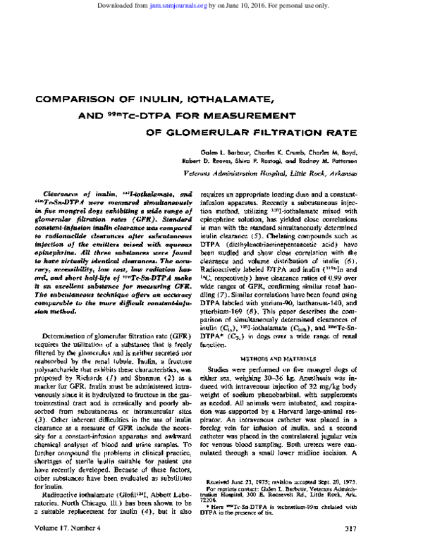 (PDF) Comparison of Inulin, Iothalamate, and 99mTc-DTPA for Measurement ...