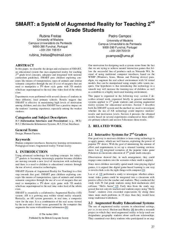 (PDF) SMART: a SysteM of Augmented Reality for Teaching 2 nd grade students