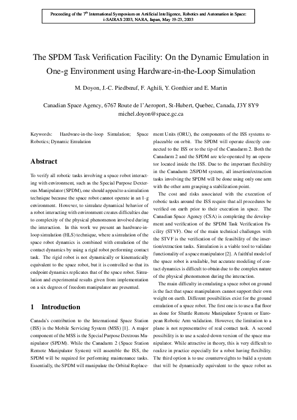 (PDF) The SPDM Task Verification Facility: On the Dynamic Emulation in One-g Environment using ...