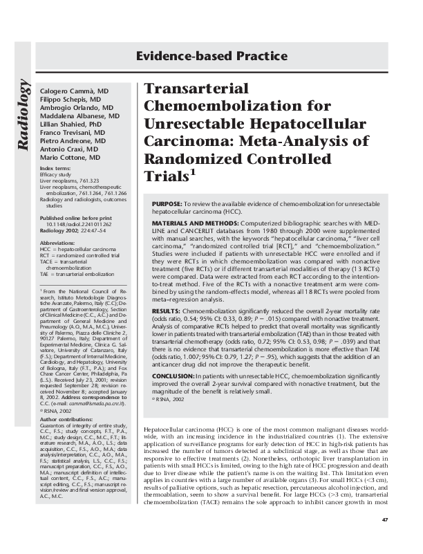 (PDF) Transarterial chemoembolization in patients with unresectable hepatocellular carcinoma: A ...