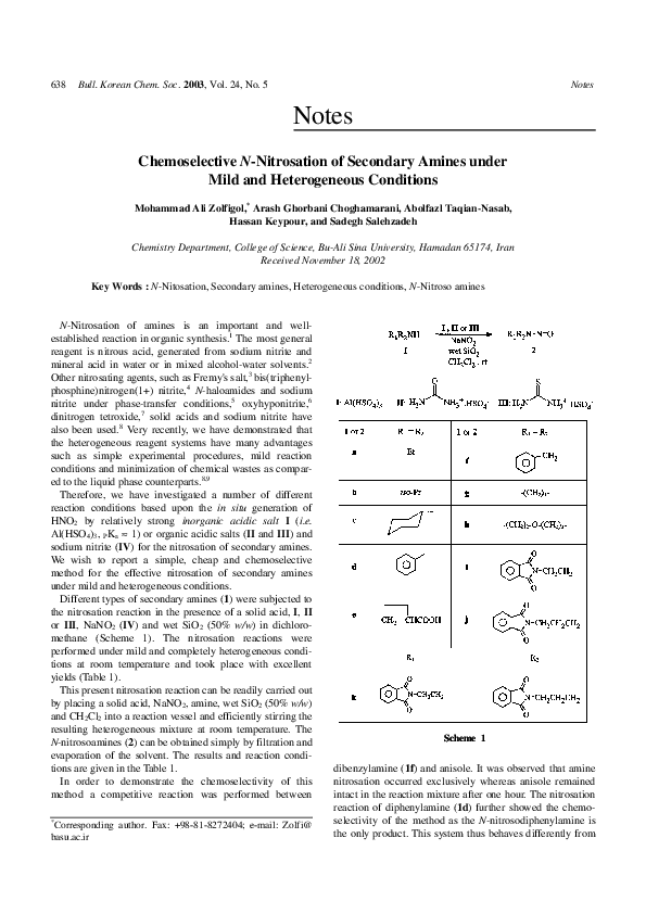(PDF) CHEMOSELECTIVE N-NITROSATION OF SECONDARY AMINES UNDER MILD AND ...
