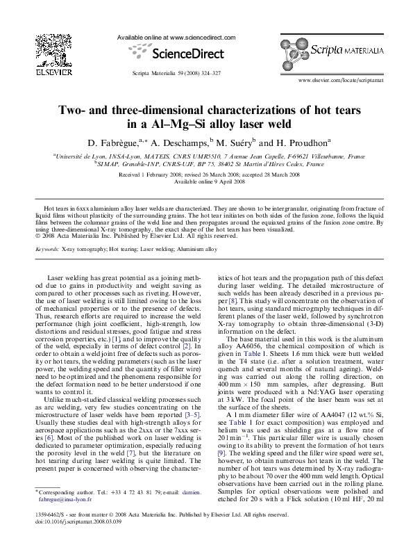 (PDF) Two-and three-dimensional characterizations of hot tears in a Al ...