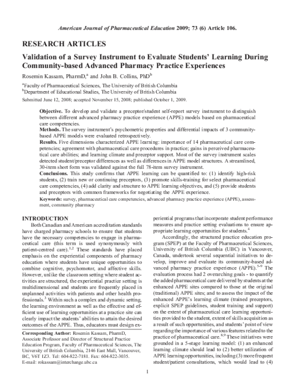 (PDF) Validation of a Survey Instrument to Evaluate Students' Learning During Community-based ...