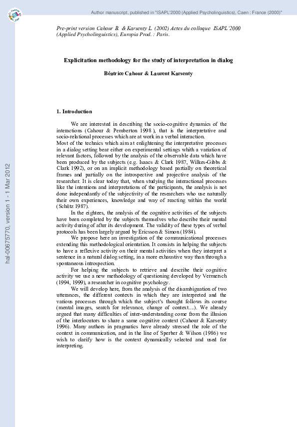 (PDF) Explicitation methodology for the study of interpretation in dialog