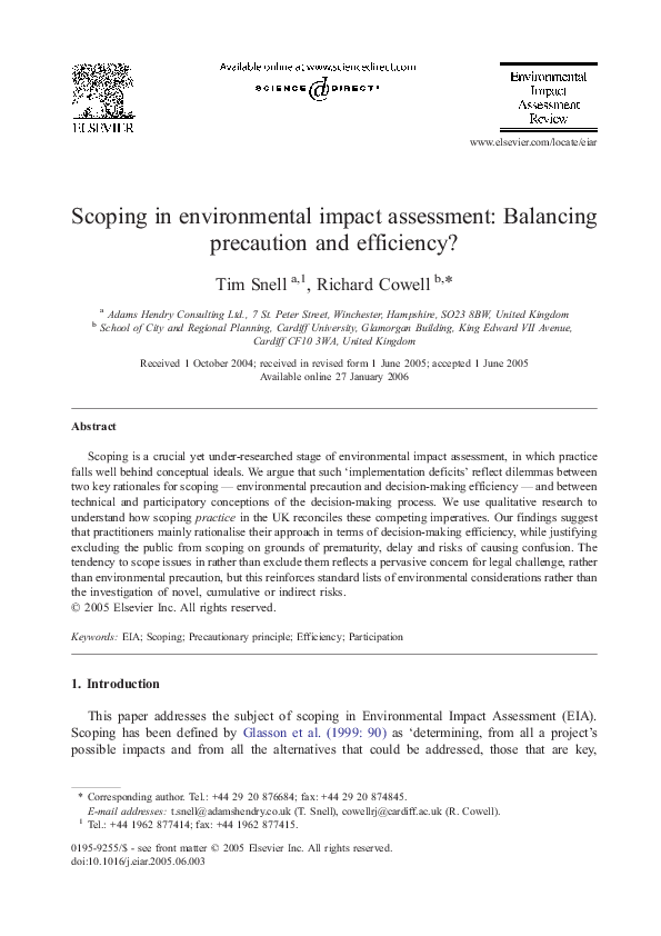 (PDF) Scoping in environmental impact assessment: Balancing precaution and efficiency?