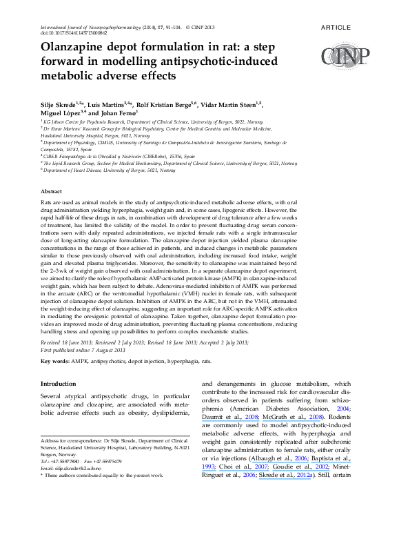 (PDF) Olanzapine depot formulation in rat: a step forward in modelling ...