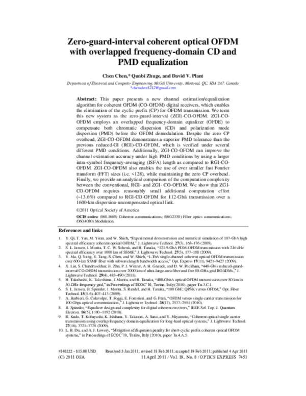 Pdf Zero Guard Interval Coherent Optical Ofdm With Overlapped