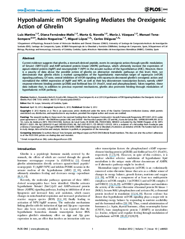 (PDF) Hypothalamic mTOR Signaling Mediates the Orexigenic Action of Ghrelin