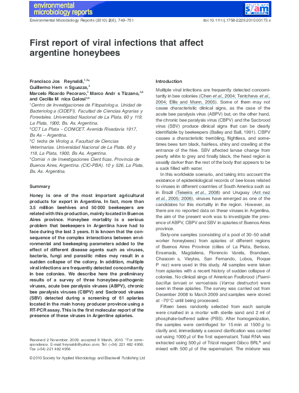 (PDF) First report of viral infections that affect argentine honeybees ...