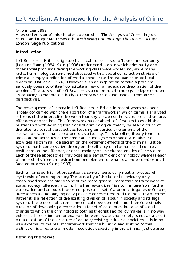 (DOC) Left Realism: a framework for the analysis of crime (1992)