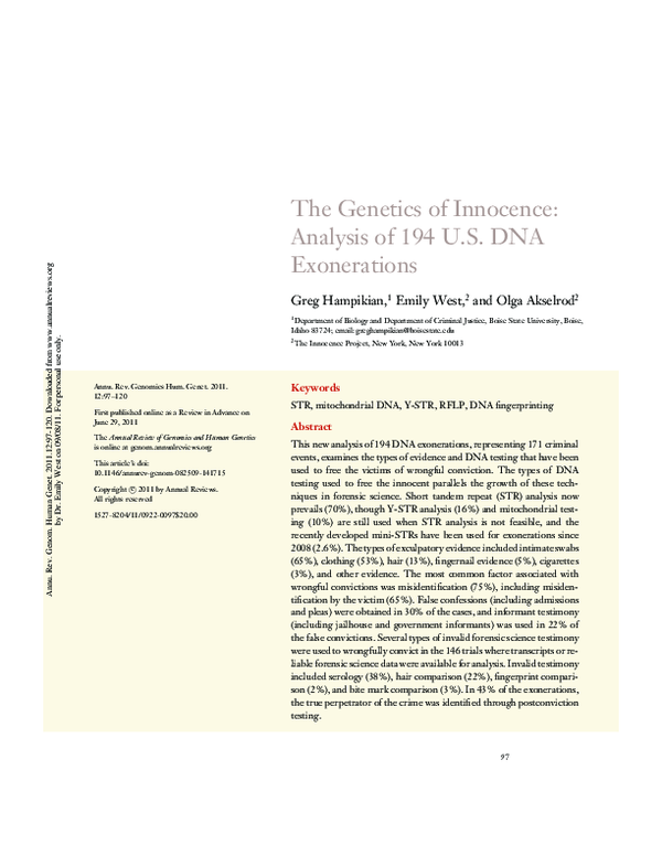 (PDF) The genetics of innocence: analysis of 194 U.S. DNA exonerations