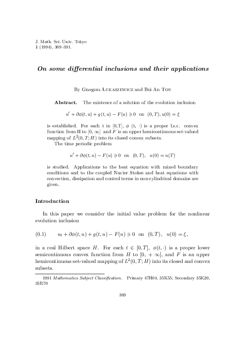 (PDF) On some differential inclusions and their applications