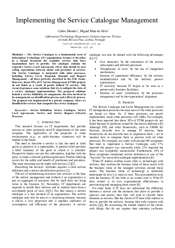 (PDF) Implementing the Service Catalogue Management