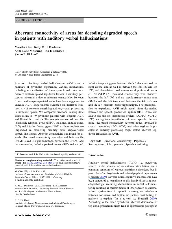 (PDF) Aberrant connectivity of areas for decoding degraded speech in patients with auditory ...