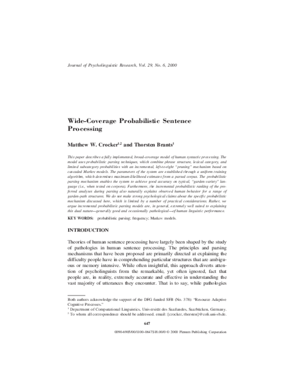 (PDF) Wide-coverage probabilistic sentence processing
