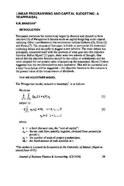 (PDF) Linear Programming and Capital Budgeting: A Reappraisal