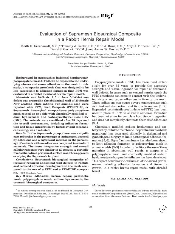 (PDF) Evaluation of Sepramesh Biosurgical Composite in a Rabbit Hernia ...
