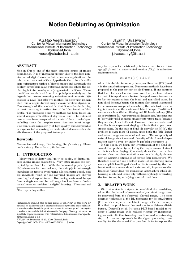 (PDF) Motion deblurring as optimisation
