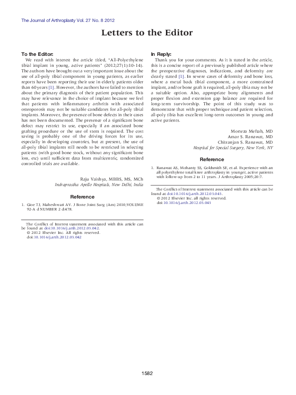(PDF) All-Polyethylene Tibial Implant in Young, Active Patients
